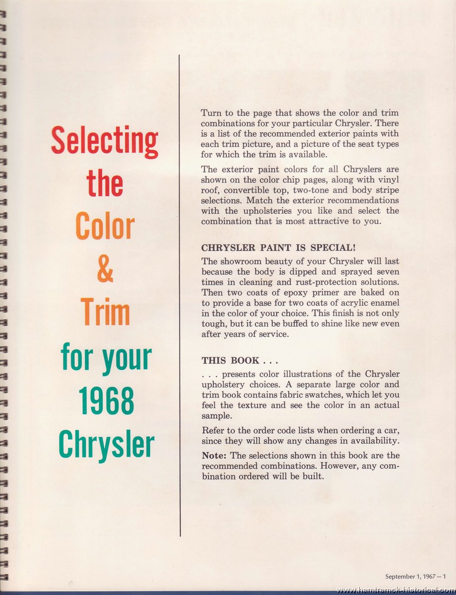 The 1970 Hamtramck Registry - 1968 Chrysler Color & Trim Book